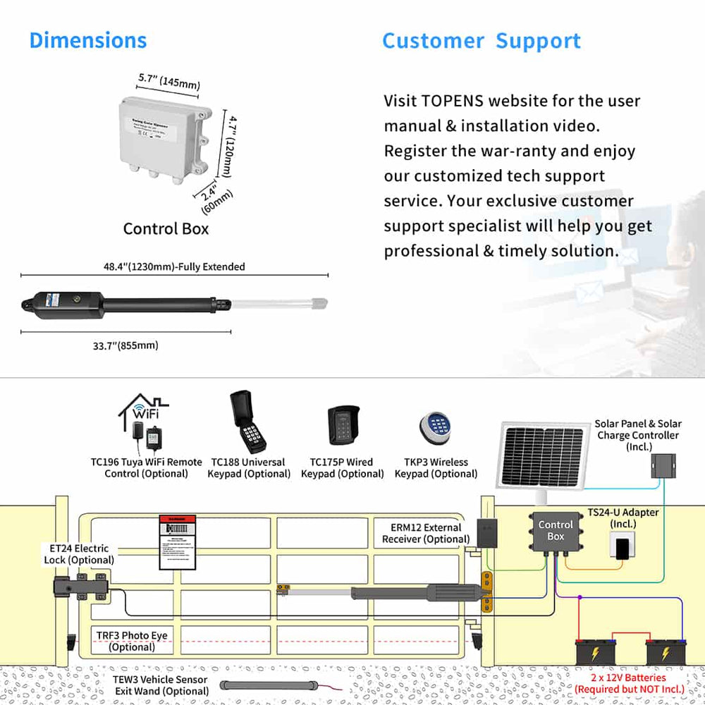TOPENS A8S Heavy Duty Solar Single Swing Gate Opener